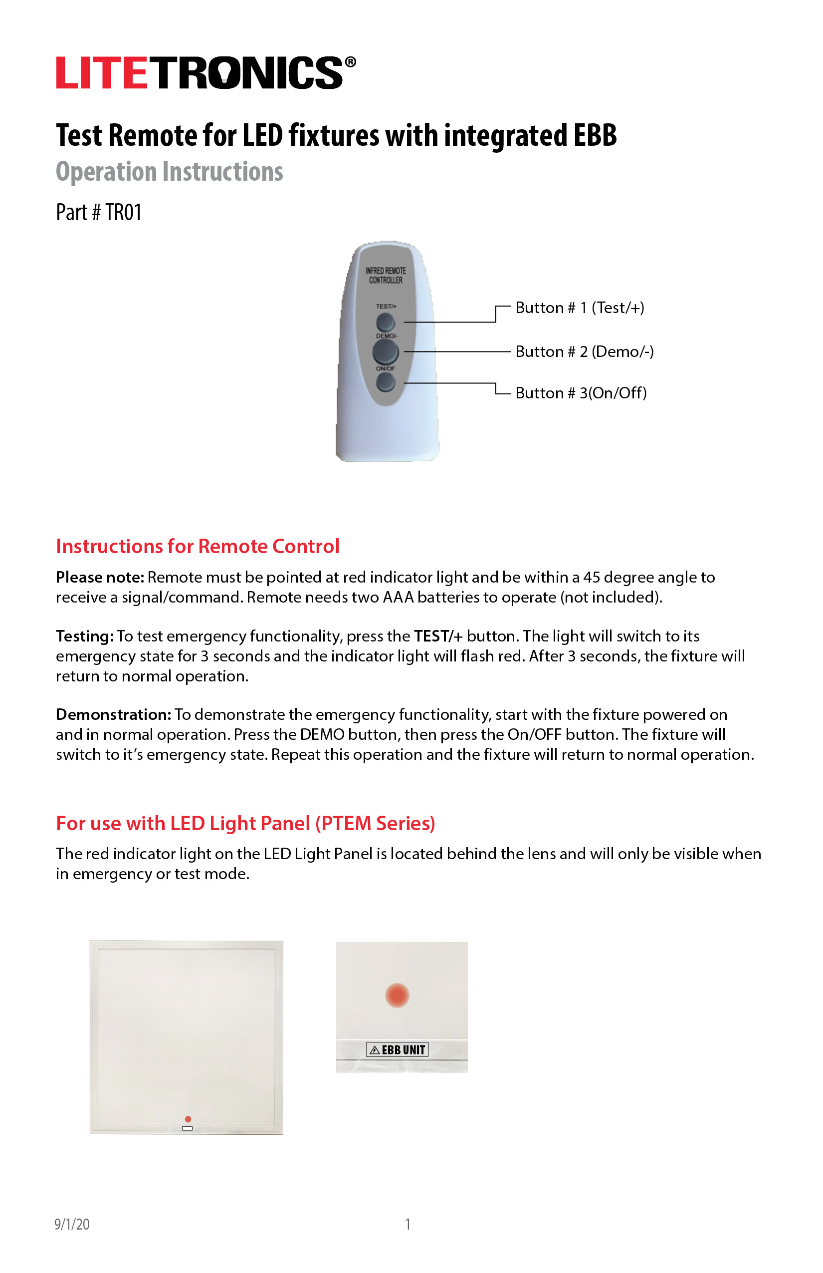 LED Emergency Light Test Remote TR01 - Instructions - Litetronics