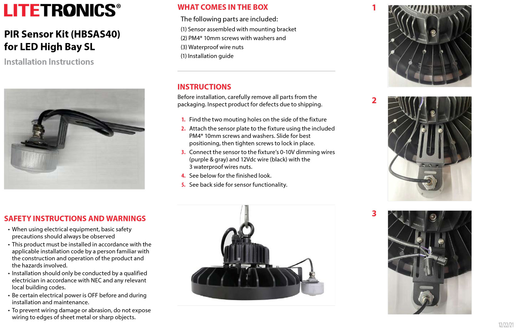 PIR Sensor Kit for LED High Bay SL - Instructions - Litetronics