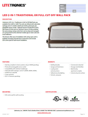 LED 2-In-1 Traditional Or Full Cut Off Wall Pack - Spec Sheet - Litetronics