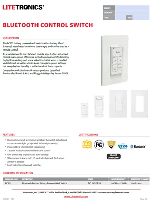 Bluetooth Button Battery Powered Wall Switch - Spec Sheet - Litetronics