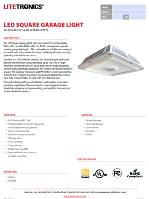 LED Square Garage Light - Spec Sheet - Litetronics