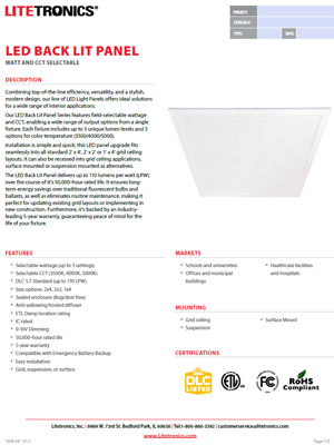 LED Back Lit Panel - Spec Sheet - Litetronics