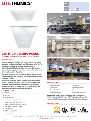 LED High Ceiling Panel with Sensor Socket - Spec Sheet - Litetronics