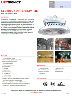 LED Round High Bay Pro XL - Spec Sheet - Litetronics