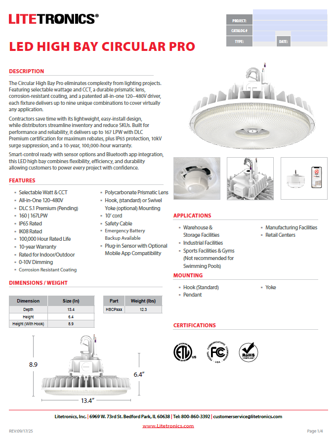 High Bay Circular Pro Spec-Sheet - Litetronics