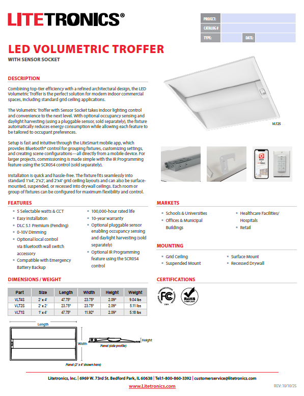 LED Volumetric Troffer with Sensor Socket Spec Sheet - Litetronics